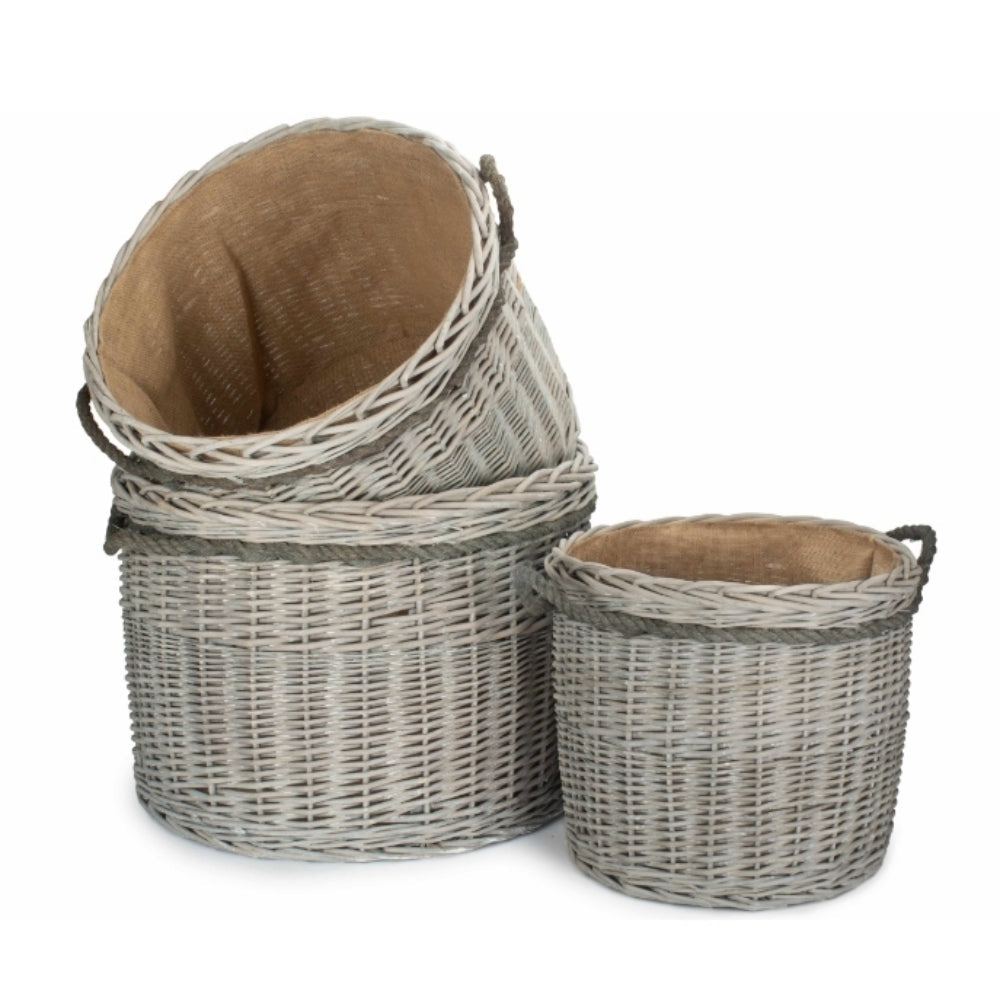 Wicker Grey Wash Round Hessian Lined Log Basket | The Willow Basket